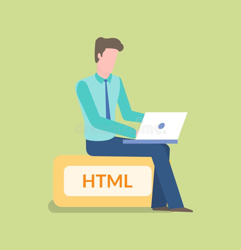 Programming Male Sitting on HTML Sign Working Stock Vector ...
