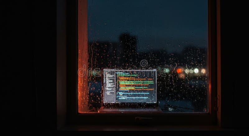 Working on Coding at Night with Rain on the Window Highlighting a ...