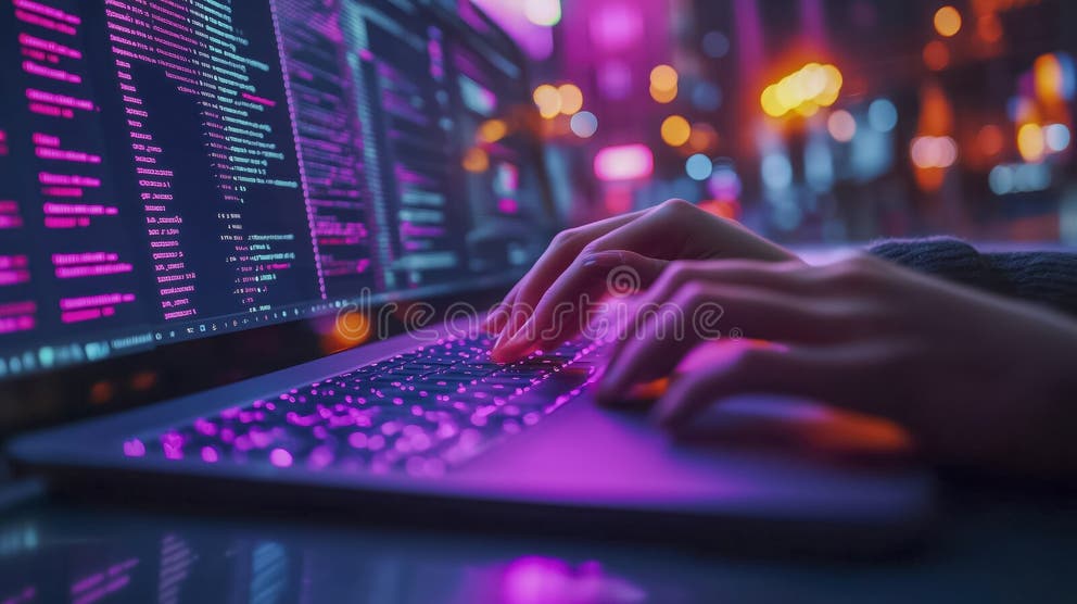 Working on Coding Tasks at Night with Colorful Computer Lights in a ...