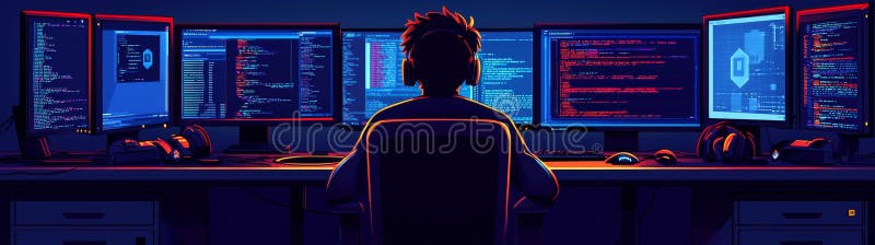 Working on a Computer with Blue Neon Lights and Code by a Hacker Stock ...