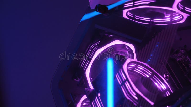 Working of Computer Cooling Fan, the Blue Light. Gaming Pc Glowing in ...