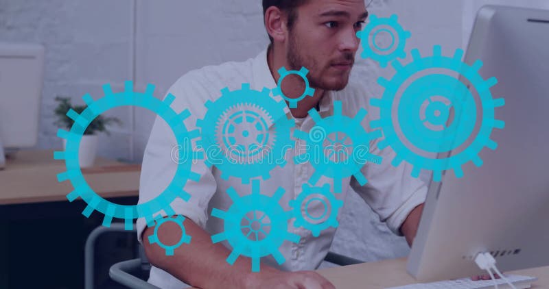 Working on Computer, Man with Blue Gears Animation Surrounding Him ...