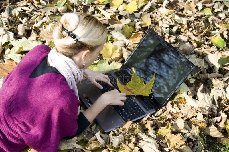 Working on Computer in the Nature Stock Photo - Image of education ...