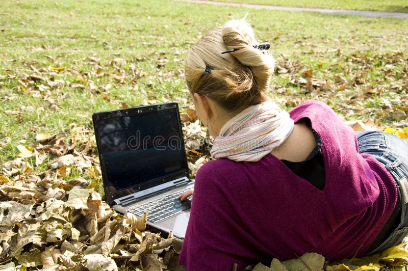 Working on Computer in the Nature Stock Image - Image of fashion, park ...