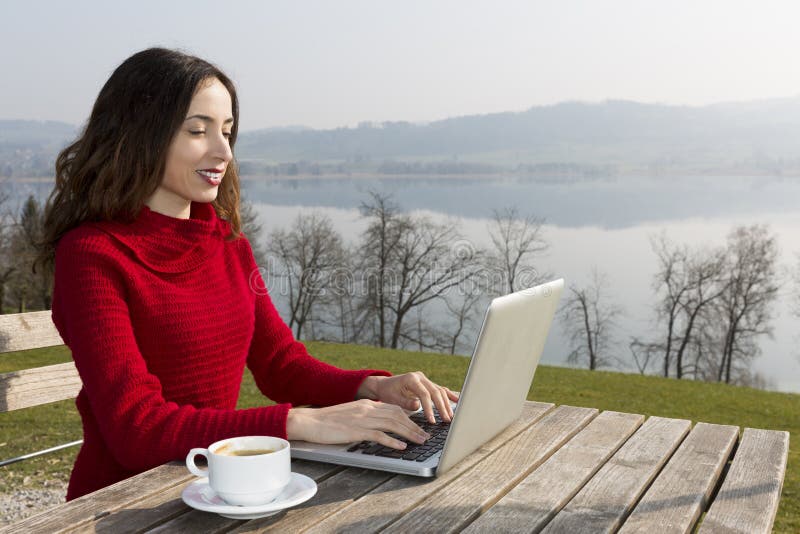 Working at Computer Outdoors Stock Image - Image of beverage ...