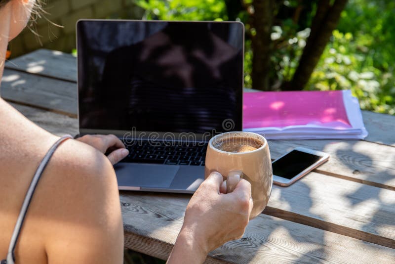 Working with Computer Outdoors, Free Working Atmosphere Stock Image ...