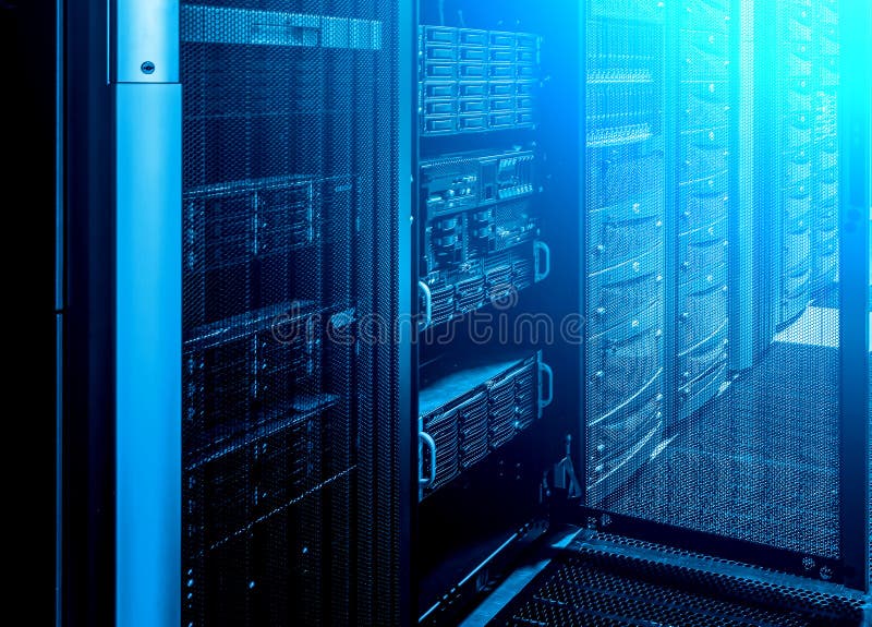 Working Computer Server for Latticed Doors. Room with Rows of Server ...