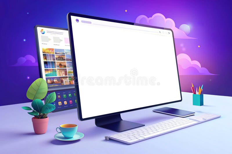 Working Computer with Space for Text on Office Table Stock Illustration ...