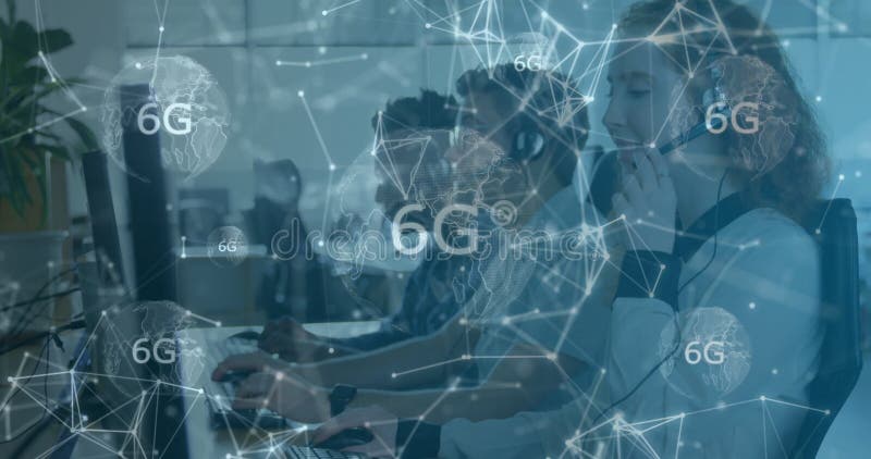 Working on Computers, People Using 6G Network Animation Overlay in ...