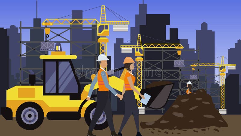 Working on Construction Site, on the Edge of Town with Engineers and ...