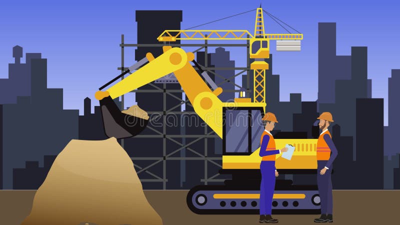 Working on Construction Site, on the Edge of Town with Engineers and ...