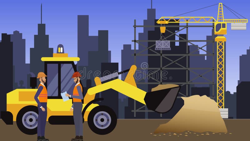 Working on Construction Site, on the Edge of Town with Engineers and ...