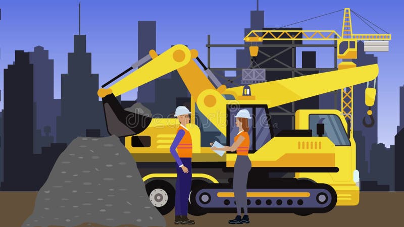 Working on Construction Site, on the Edge of Town with Engineers and ...