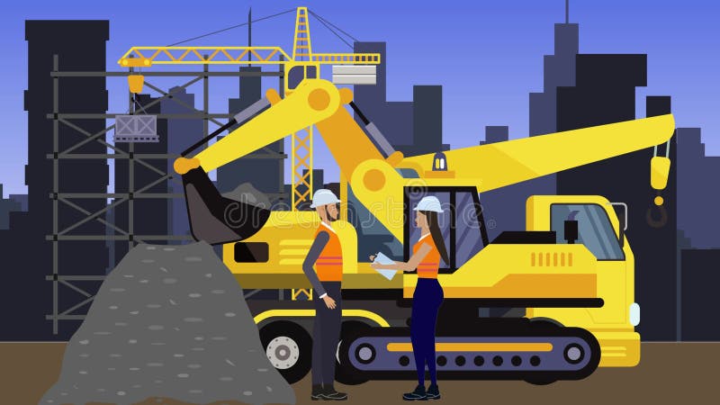 Working on Construction Site, on the Edge of Town with Engineers and ...