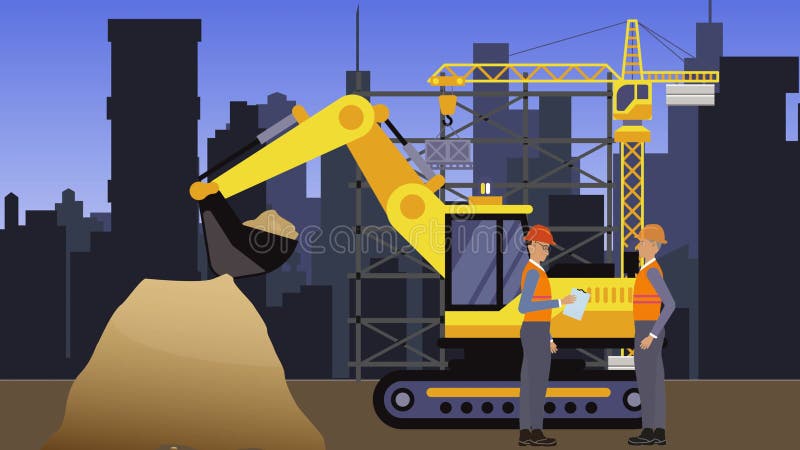 Working on Construction Site, on the Edge of Town with Engineers and ...