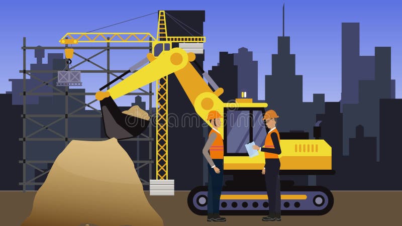 Working on Construction Site, on the Edge of Town with Engineers and ...