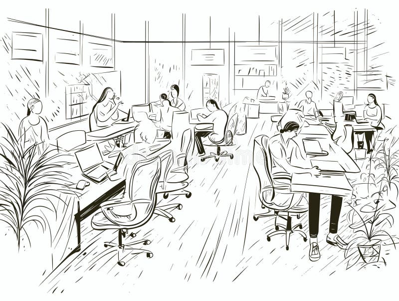 Working at Coworking Space in Hand-drawn Style Stock Vector ...