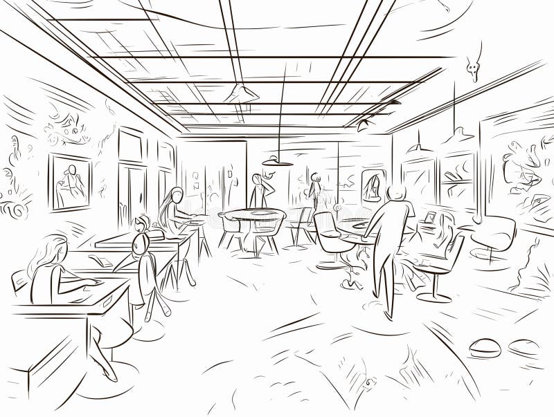 Working at Coworking Space in Hand-drawn Style Stock Vector ...