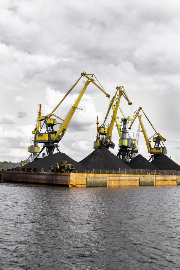 Working Crane in the Port, the Cargo in the Port Pier at the Loading of ...