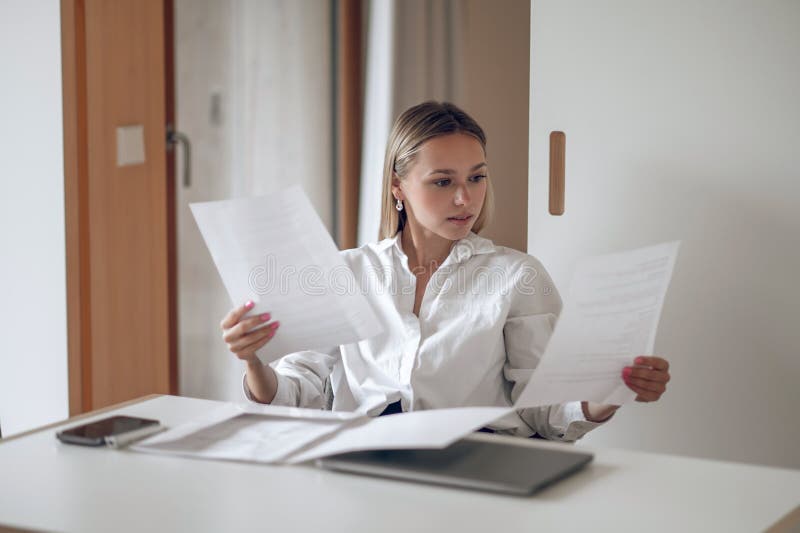 Cute Blonde Young Wo,an Working with Documents Stock Photo - Image of ...