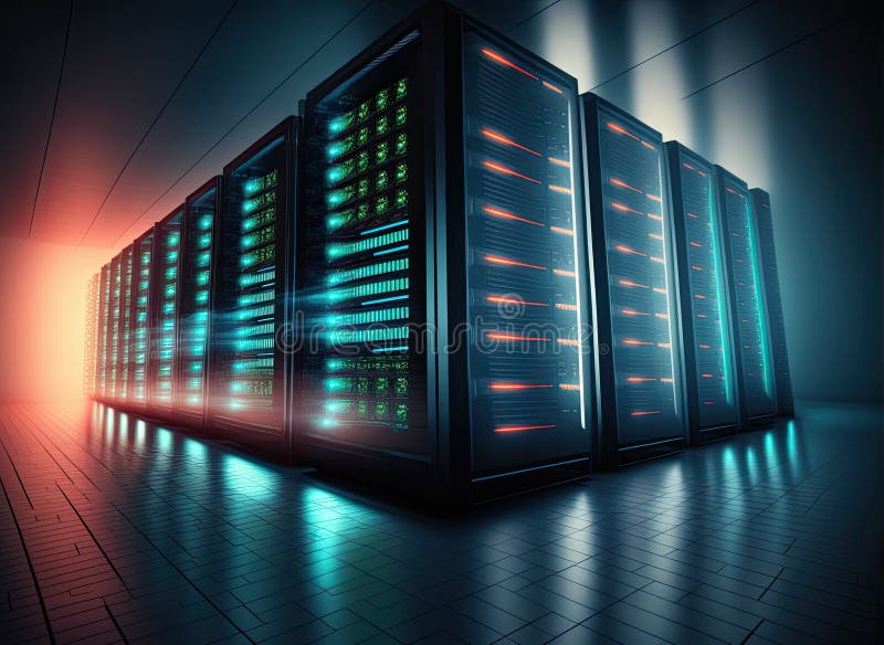 Working Data Center Full of Rack Lighting Servers. Dark Glow ...