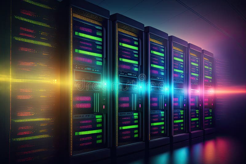 Working Data Center Full of Rack Lighting Servers. Dark Glow ...
