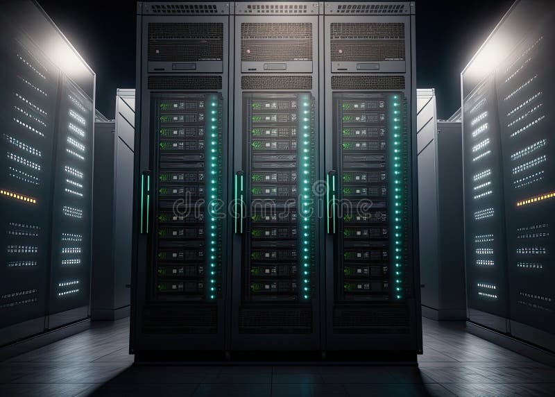Working Data Center Full Rack Lighting Servers. Dark Neon Glow ...
