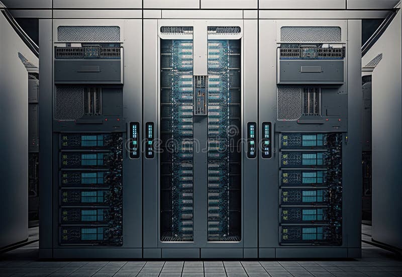 Working Data Center Full of Rack Lighting Servers. Dark Neon Glow ...