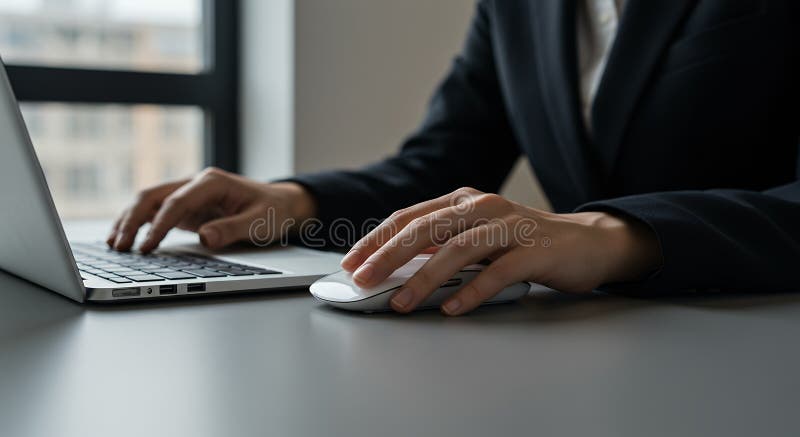 Working at Desk: Business Professional Typing on Laptop, Using Mouse ...