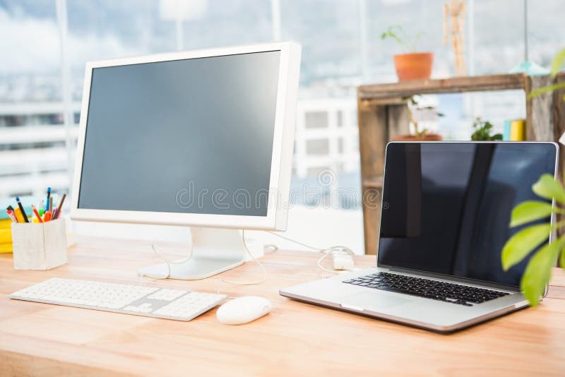 Working Desk with Computer and Laptop Stock Image - Image of casual ...