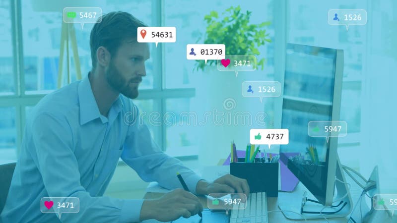 Working at Desk, Man Receiving Social Media Notifications Overlaying ...