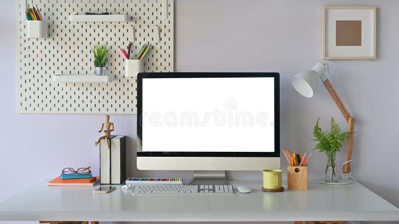 Empty Work Desk Office with Mug, Pencil and File Document a Wood Stock ...