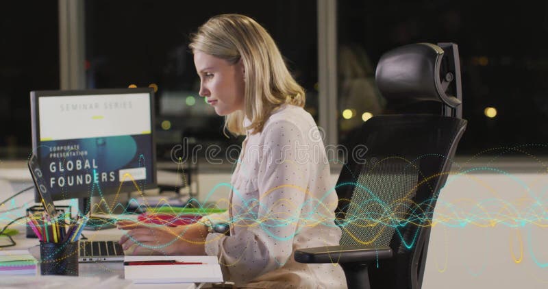 Working at Desk, Woman with Computer and Charts, Sound Waves Image Over ...