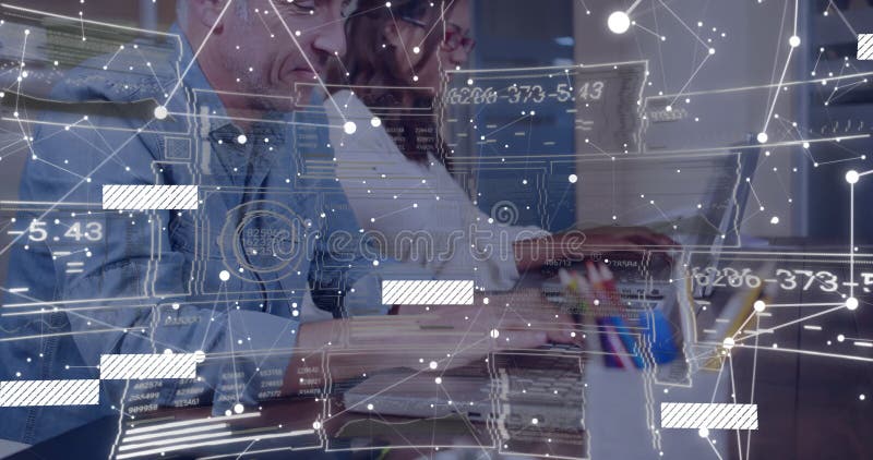 Working at Desks, People Using Computers with Animation of Digital Data ...