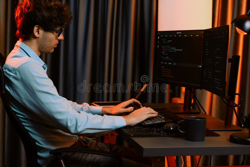 Working it Developer Concentrating Online Software at Neon Light Room ...