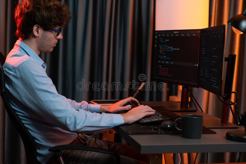 Working it Developer Concentrating Online Software at Neon Light Room ...