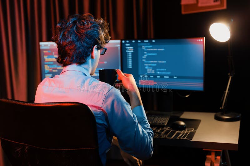 Working it Developer Concentrating Online Software at Neon Light Room ...