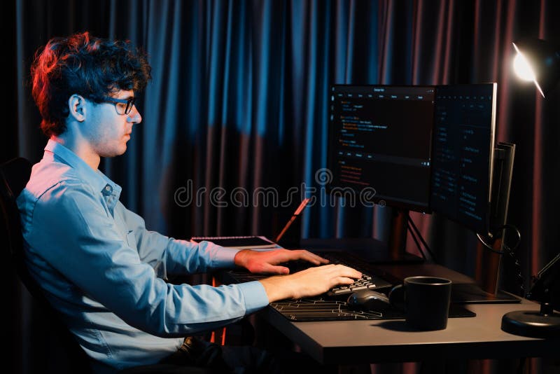 Working it Developer Concentrating Online Software at Neon Light Room ...