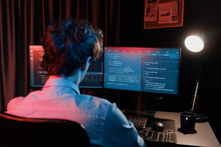 It Developer Creating Online Software Information Coding on Pc Screen. Gusher. Stock Photo ...