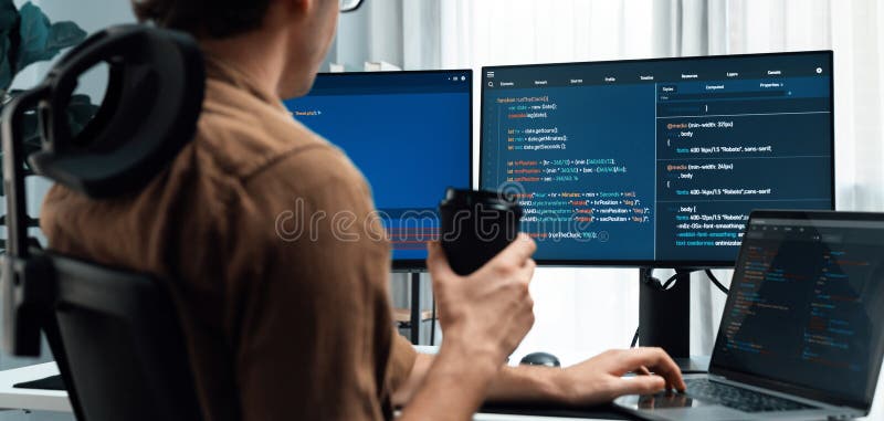 It Developer Drinking Coffee While Working In Creating Program Codding 5021