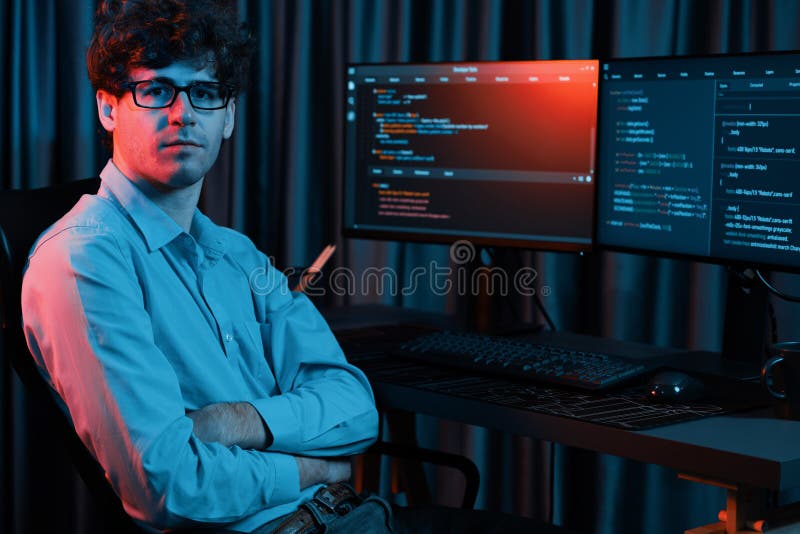 It Developer Looking at Camera with Software Development Information. Gusher. Stock Photo ...