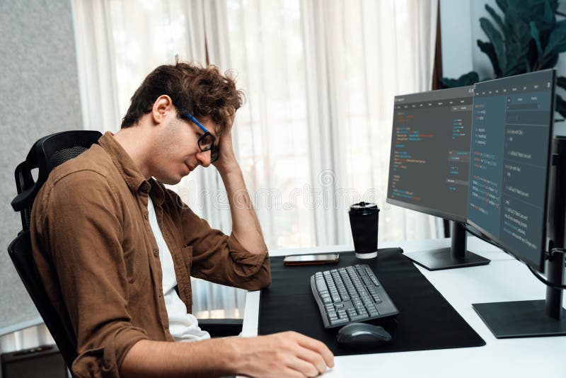 It Developer with Stressful Overworked Having Headache in Bad Feeling ...