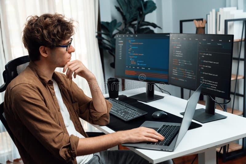 It Developer with Stressful Overworked in Creating Online Software Code. Gusher. Stock Image ...