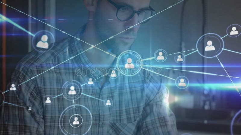 Working with Digital Network Connections, Man in Glasses Using ...