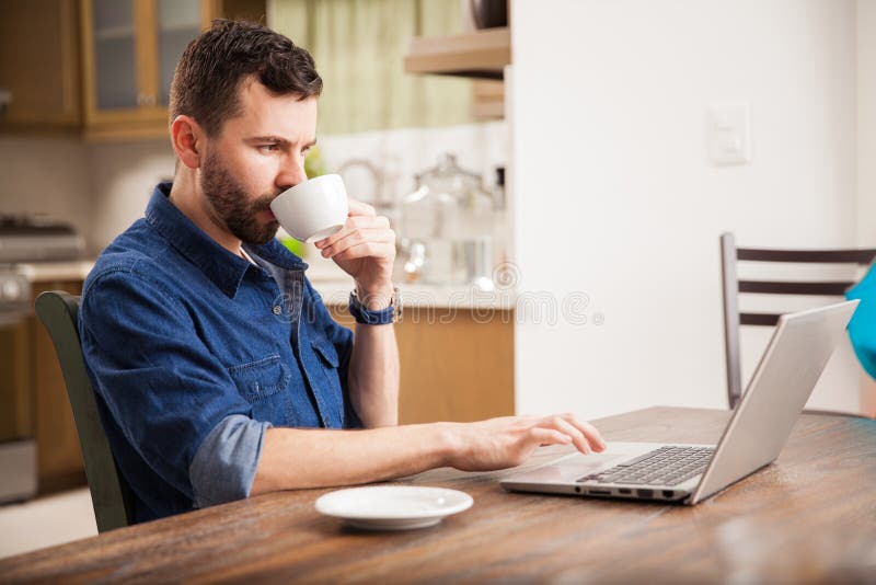 Working and Drinking Coffee at Home Stock Image - Image of adult, news ...