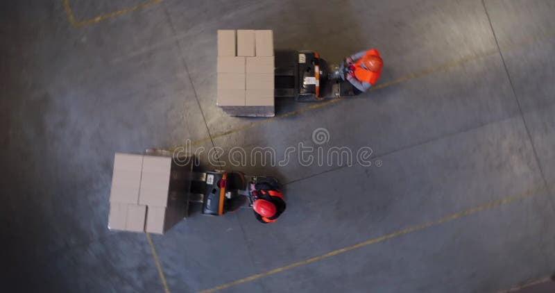 Working Forklift Loader Inside Huge Industrial Warehouse. Aerial Stock ...