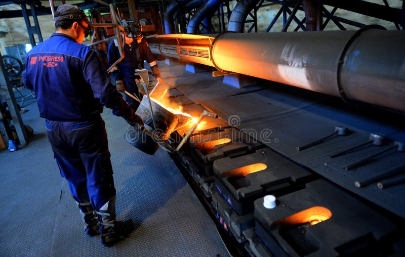 Foundry Workshop Interior, Molten Iron Pouring from Blast Furnace into ...