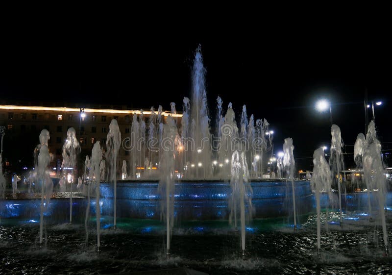 Working Fountains in the Night City Stock Image - Image of metropolis ...