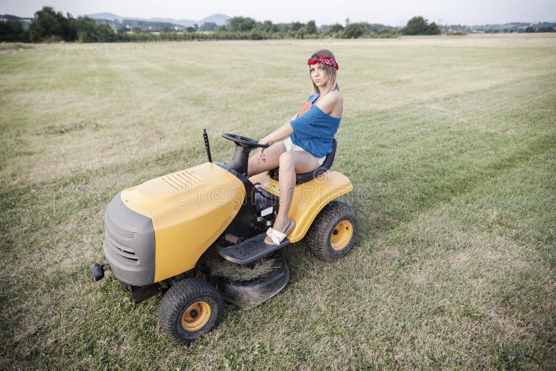 Working Girl Driving a Lawn Mower Stock Image - Image of mower, engine ...