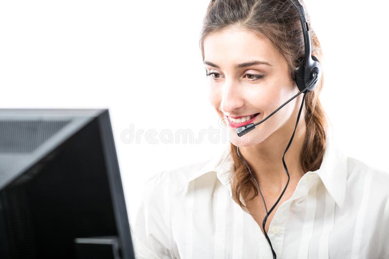 Working in Headset in Front of Computer Stock Image - Image of help ...